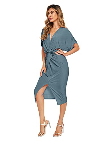 Floerns Women's Short Sleeve V Neck Twist Front Split Midi Dress Dusty Blue L
