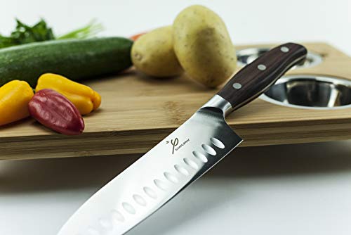 VersaChop Duo, Large 18 inch X 12 inch Cutting Boards for Kitchen. Totally Natural Organic Moso Bamboo Cutting Board with Two Integrated Stainless Steel Bowls attached for organization and storage.