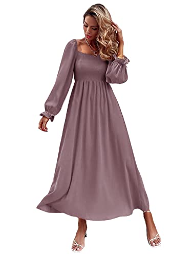 Floerns Women's Boho Floral Print Square Neck Flounce Sleeve A Line Long Dress Mauve Purple S