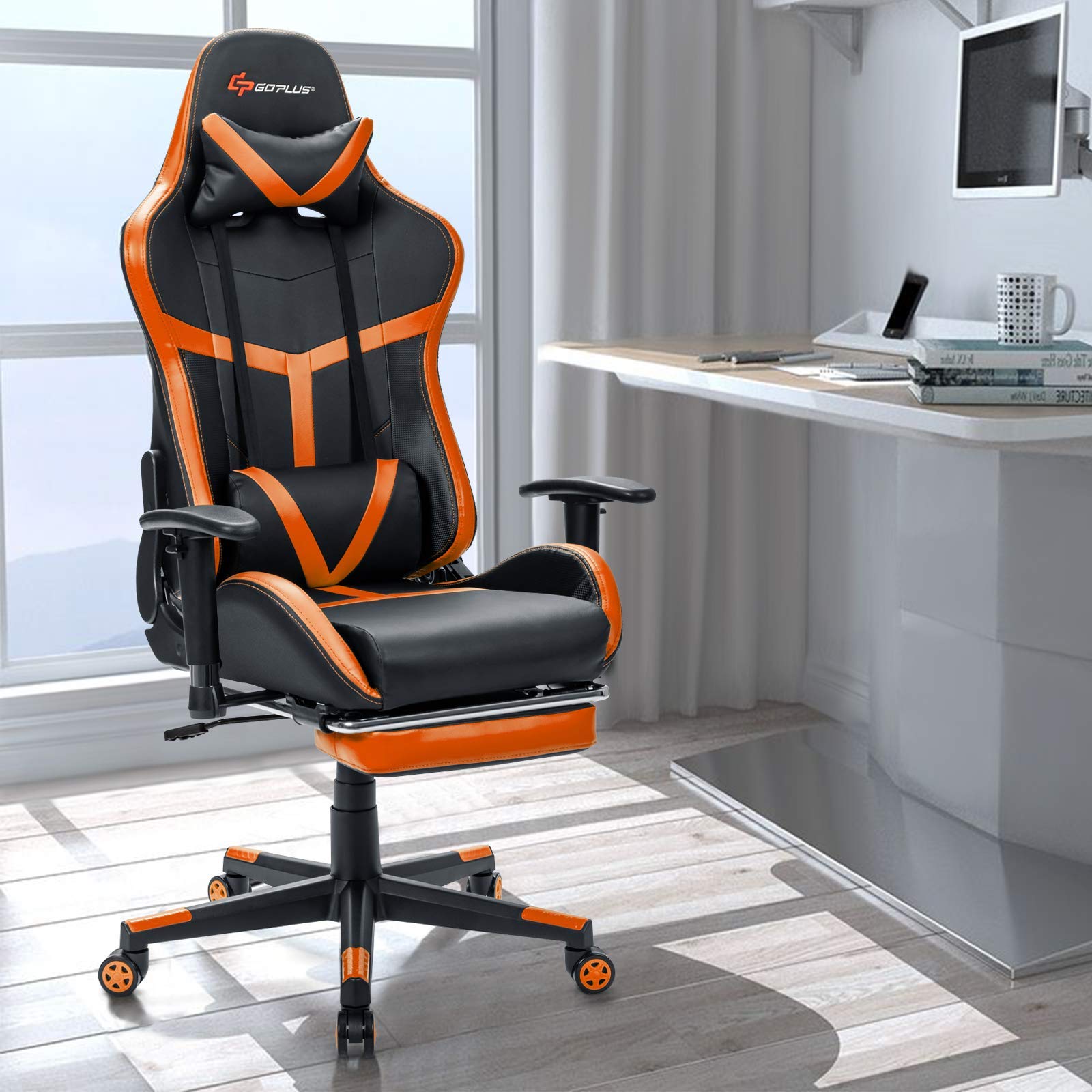 Goplus Gaming Chair, Massage Office Chair Computer Gaming Racing Chair, High Back PU Leather Adjustable Ergonomic Reclining PC Game Chair, Rolling Swivel Executive Chair with Footrest (Blue)