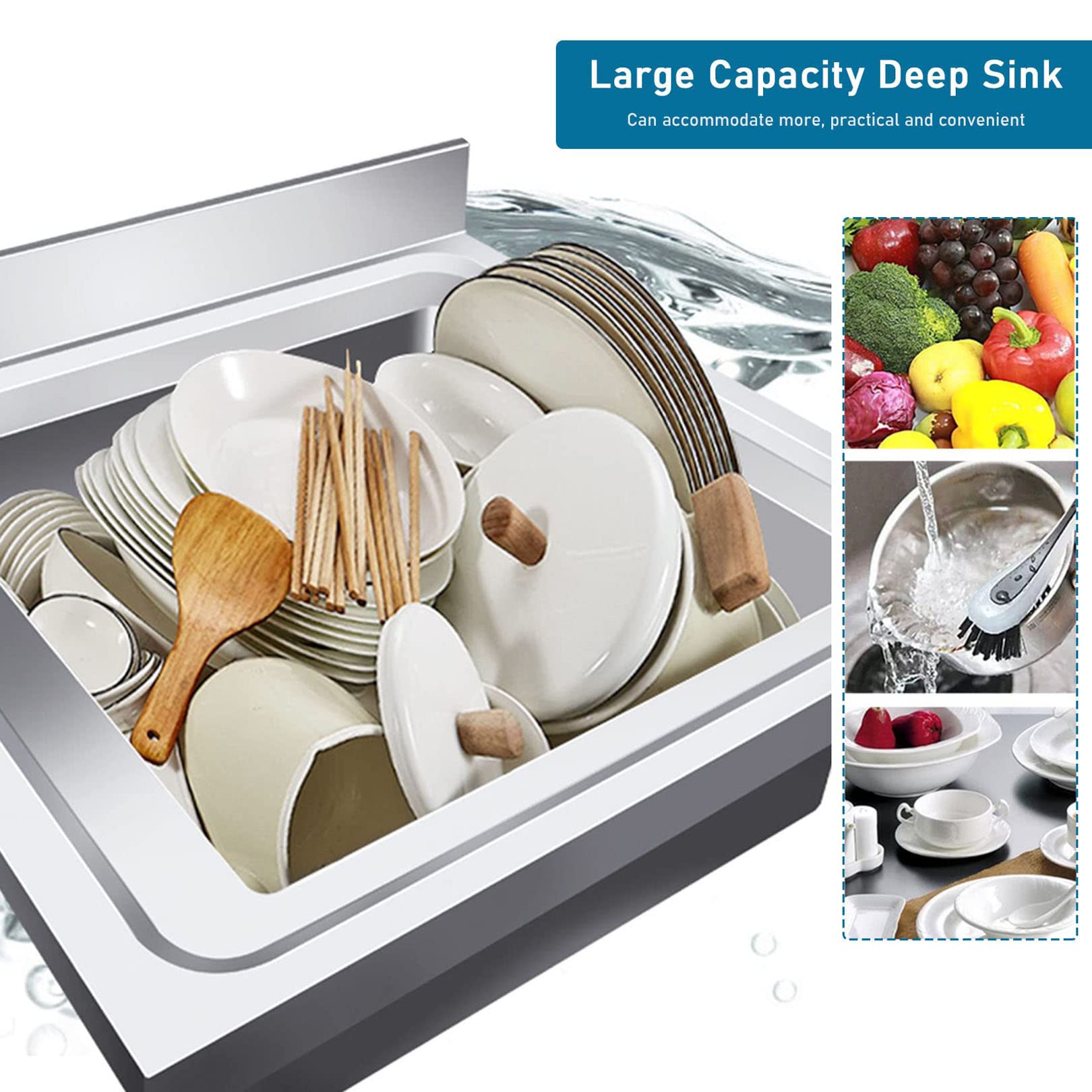 ALEEJA Sinks for Kitchen Bathroom Restaurant Farmhouse Laundry Free Standing Catering Commercial Sink 304 Stainless Steel Single Bowl Sink