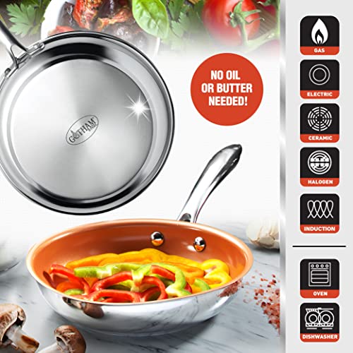 Gotham Steel Stainless Steel Premium 10β Frying Pan, Triple Ply Reinforced with Super Nonstick Ti- Cerama Copper Coating and Induction Capable Encapsulated Bottom β Dishwasher Safe