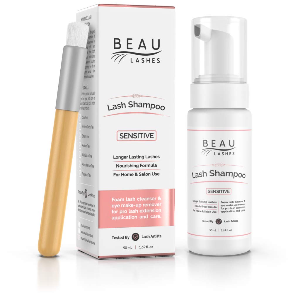 Korean Eyelash Extension Foam Cleanser Shampoo & Brush (50ml) - Oil Free Sensitive Paraben & Sulfate Free Eyelid/Lash Foaming Wash Cleaner To Remove Makeup & Mascara - Ideal For Salons And Home Care