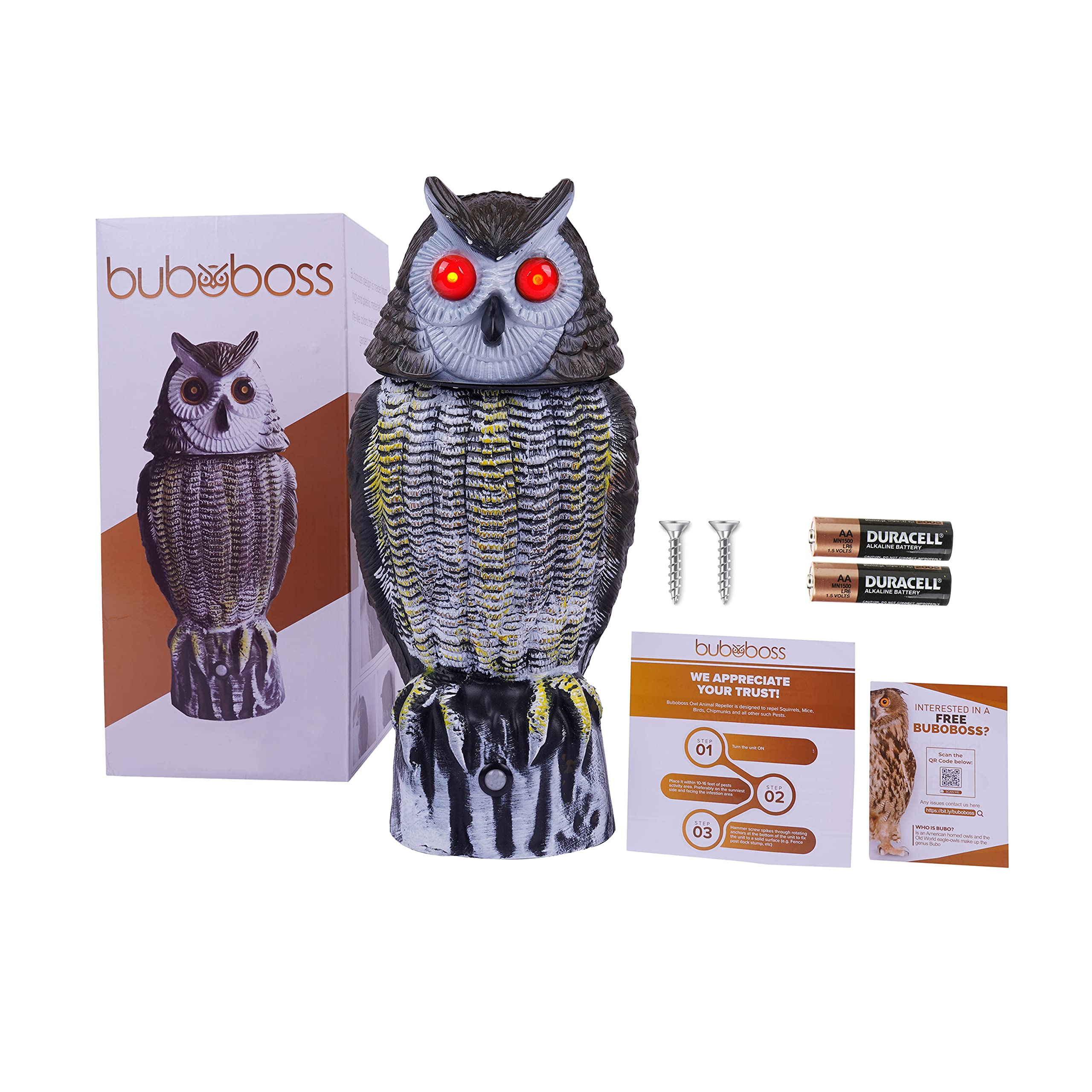 BuboBoss Fake Scarecrow Owl Decoy |16 Inch Solar Powered Motion Activated Plastic Owl to Keep Pigeons, Squirrels, Rabbits, and Rats Away from Gardens, Barns, Decks, and Terraces