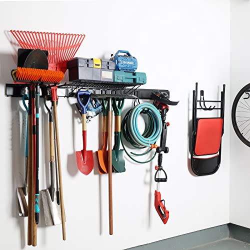Wallmaster Tool Storage Rack With Wall Shelf, Garage Storage Wall Mount Tool Organizers Heavy Duty Racks Adjustable Wall Hanger System (9Hooks&2Rails&Storage Shelf)