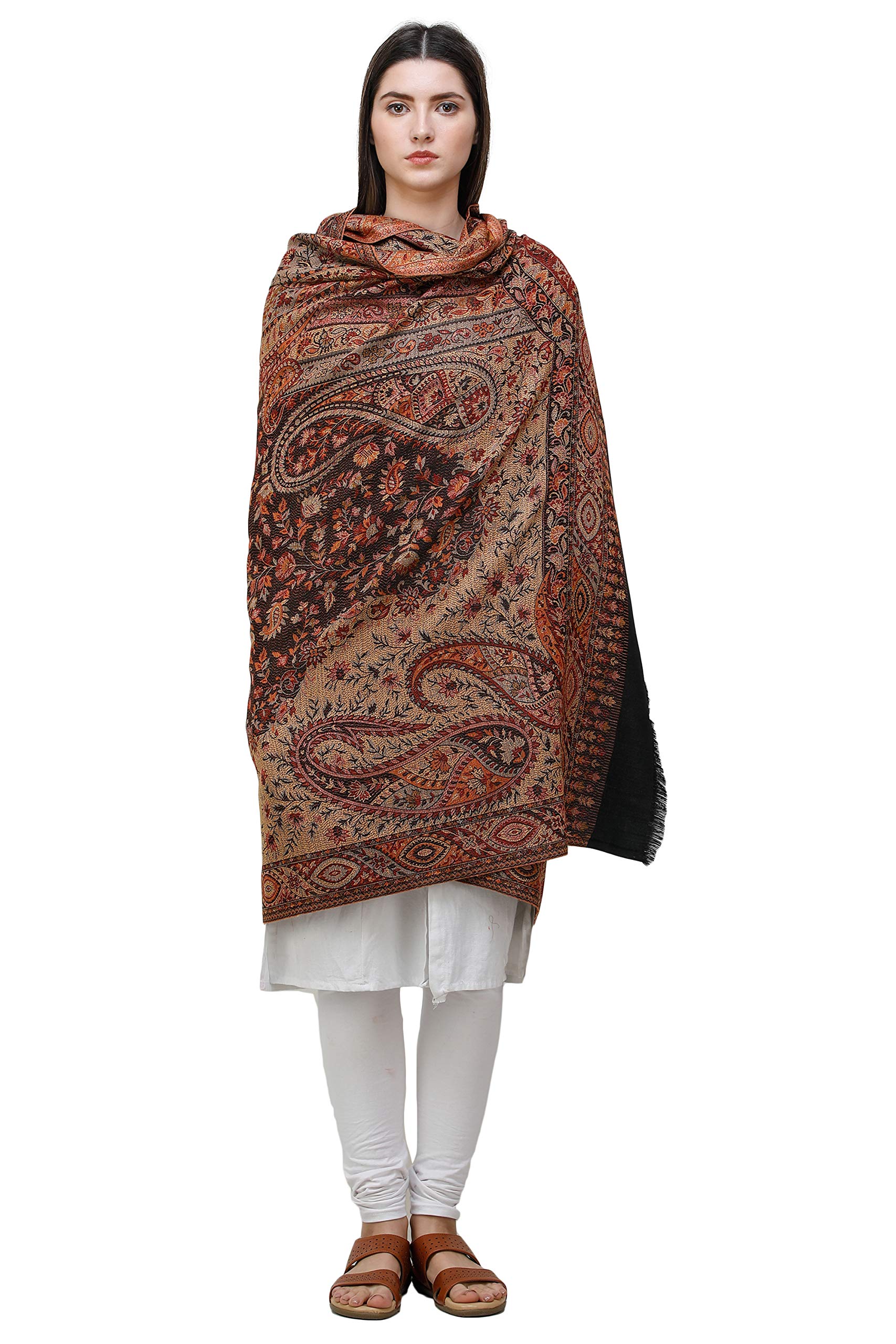 Exotic India Reversible Jamawar Shawl with Woven Paisleys - Color Caviar Black
