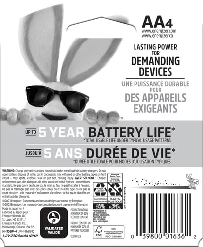 Energizer E2 Rechargeable AA Battery (2300 mAh), 1.2 Volt NiMH, 4 ct