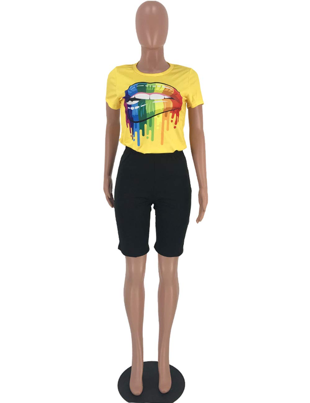 Angsuttc 2 Piece Workout Sets for Women Summer Lip Print Short Sleeve Shirt High Waisted Shorts Set Outfits Yellow&Black S