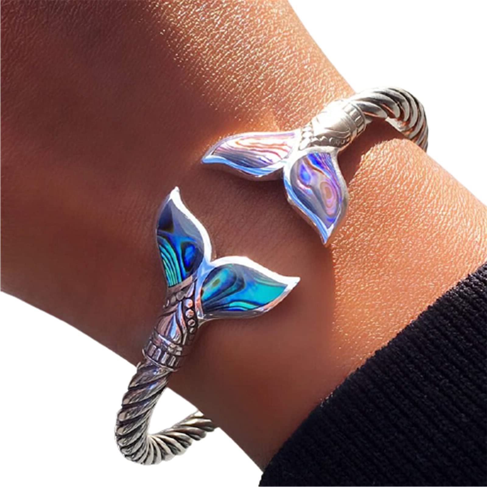 Abalone Shell and Mermaid Tail Bangle Bracelet Adjustable Bangle Open Hand Chain for Women, Birthday Charms, Shiny Finish