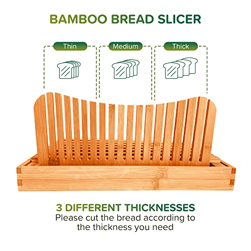Bamboo Bread slicer, Bread Cutter guide adjustable, Bread Loaf Slicer cutting board & Crumb Catcher Tray, Stainless Steel Knife, Compact & Foldable 2 Bread guides-for homemade bread, cakes, bagels