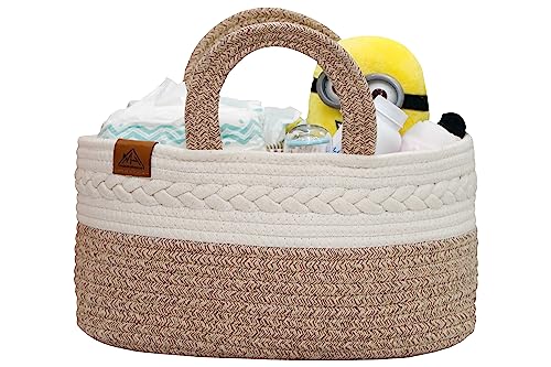 Mojoohouse Baby Diaper Caddy, Nursery Storage Bin and Car Organizer for Diapers and Baby Wipes, Cotton Rope Diaper Basket Caddy, Changing Table Diaper Storage Caddy Baby Gift Baskets, (WHITE-BROWN)