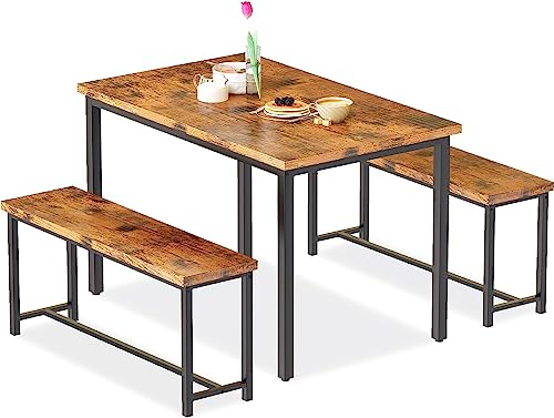 Hooseng Kitchen Table Set with Two Benches, Dining Table Set for 4-6 Persons, Space-Saving 47 Inch Small Kitchen Table Set for Breakfast Nook, Living Room, Apartment, Restaurant, Rustic Brown