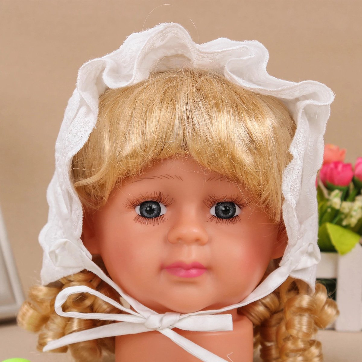 Slowera Cap Baby Girls 100% Cotton Double Brimmed Eyelet Lace Bonnet with Flowers (0-3 Months, White)