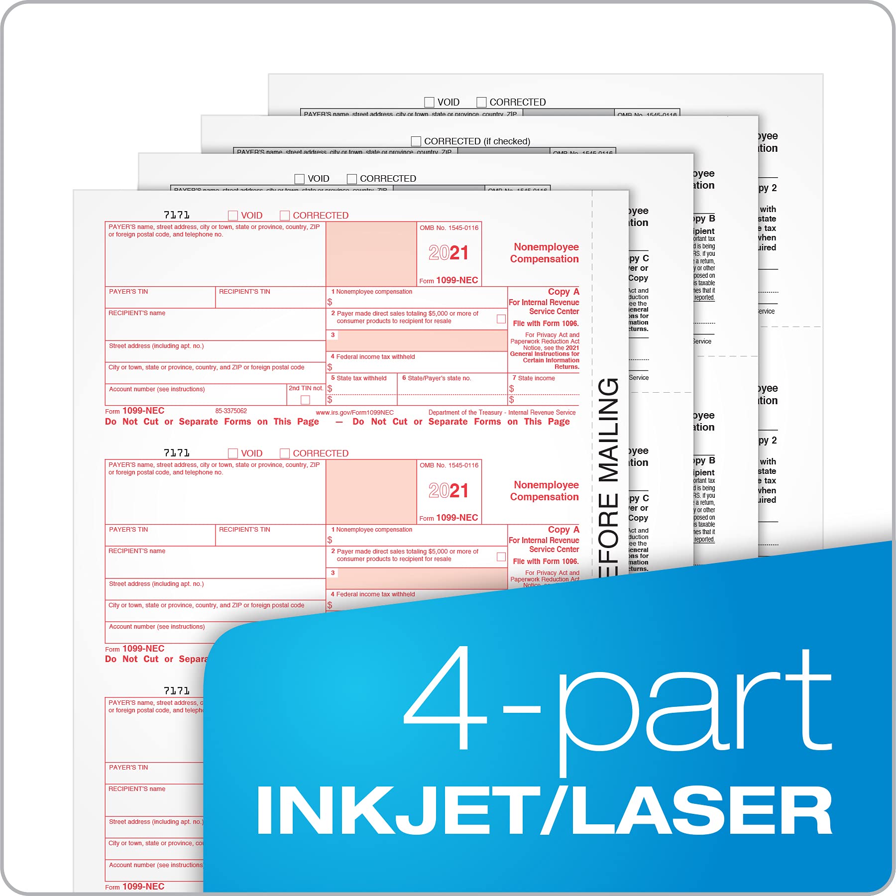 Adams 1099 NEC 3 Up Forms 2021, 4 Part Laser/Inkjet 1099 Forms with Self Seal Envelopes, for 50 Recipients, Includes 3 1096 Forms (TXA225504-NEC21)