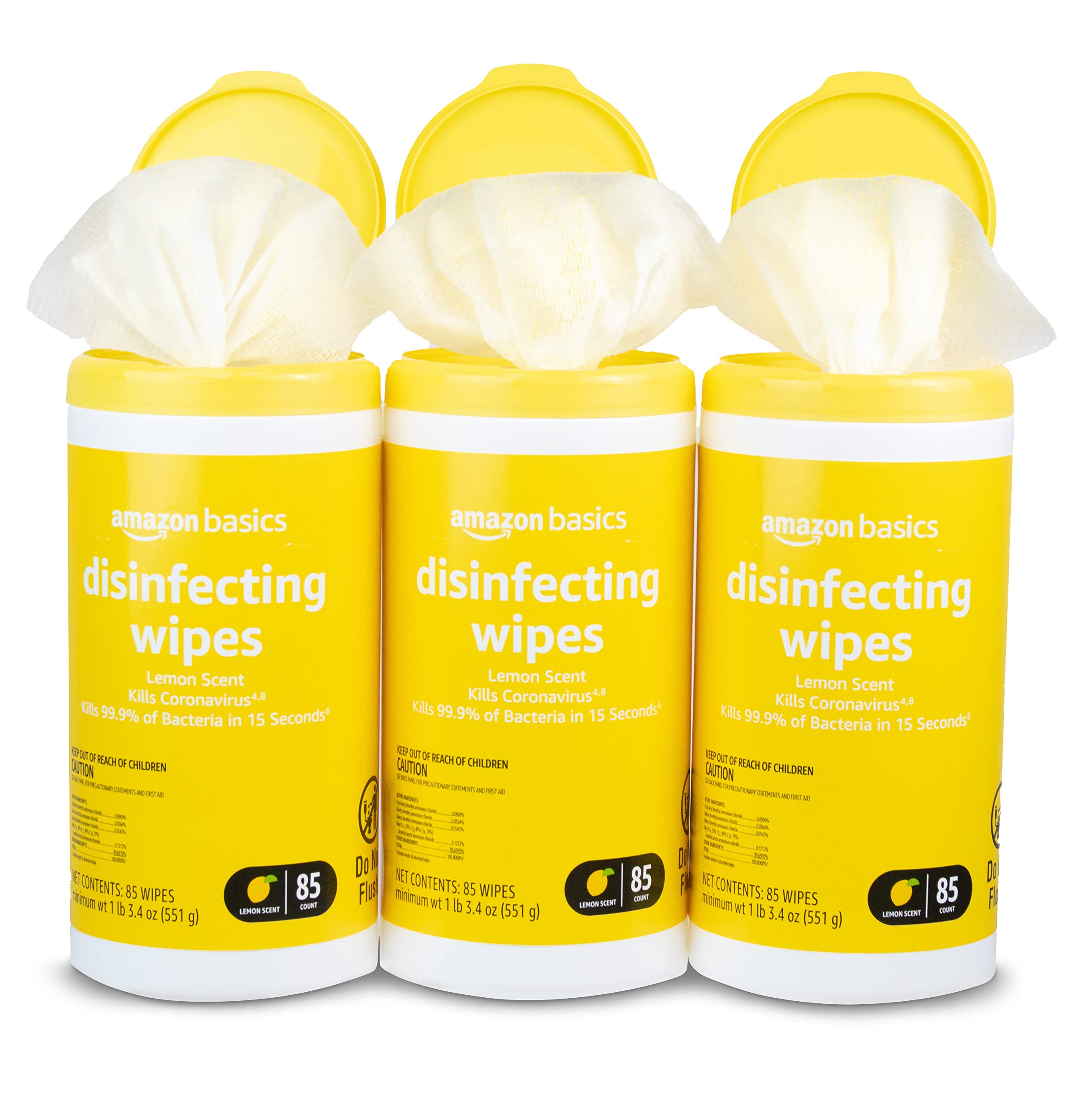 Amazon Basics Disinfecting Wipes, Lemon Scent, for Sanitizing, Cleaning & Deodorizing, 255 Count (3 Packs of 85)