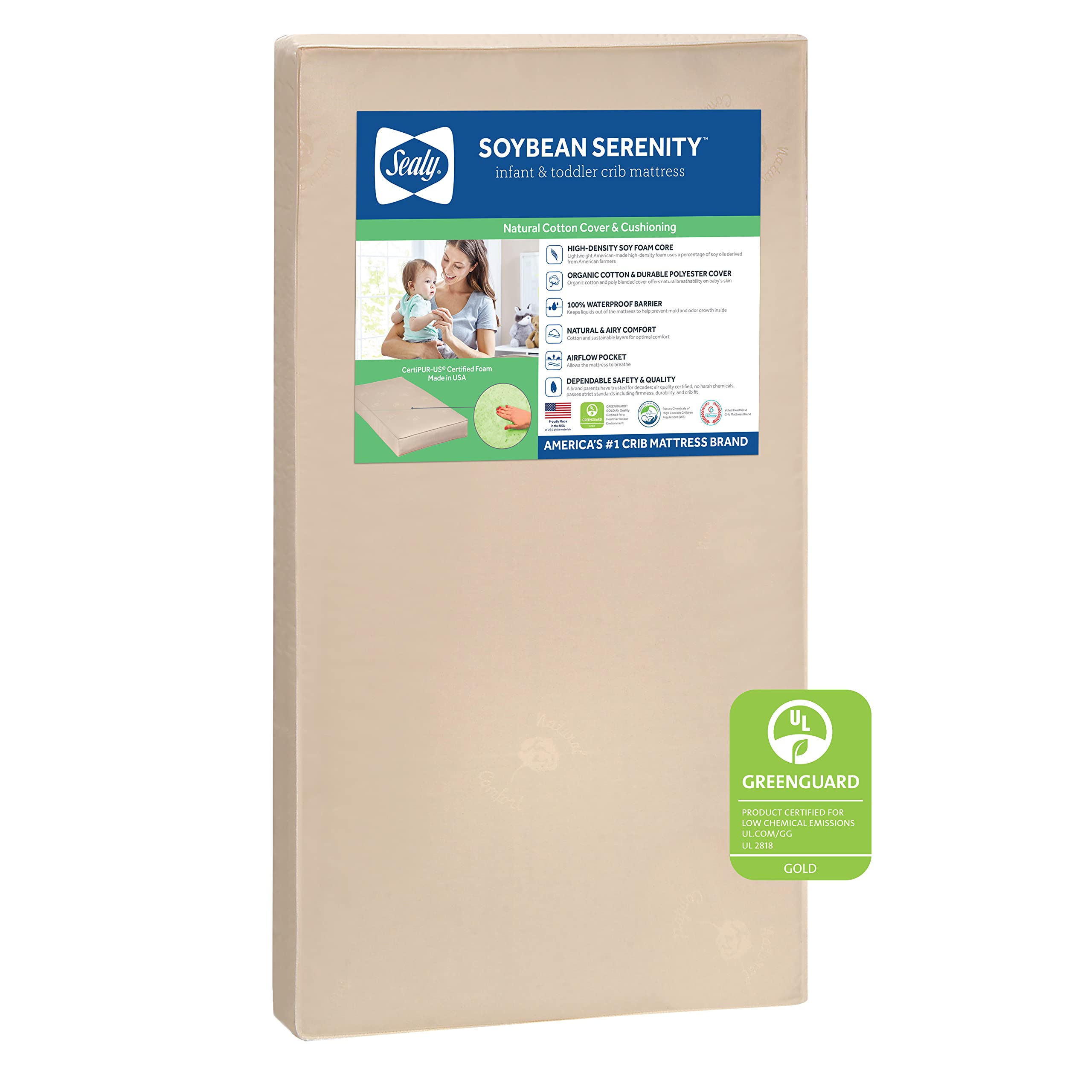 Sealy Baby Soybean Serenity Breathable 2 Stage Waterproof Crib Mattress plus Toddler Bed Fit, Organic Cotton, Soy Enhanced Foam, GREENGUARD Gold Certified, Safety & Quality Tested, Made in USA, 52X28'
