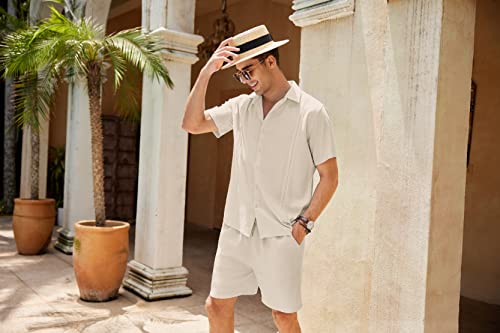 COOFANDY Men Linen Beach Outfit Summer Cuban Button Down Shirt and Short Set