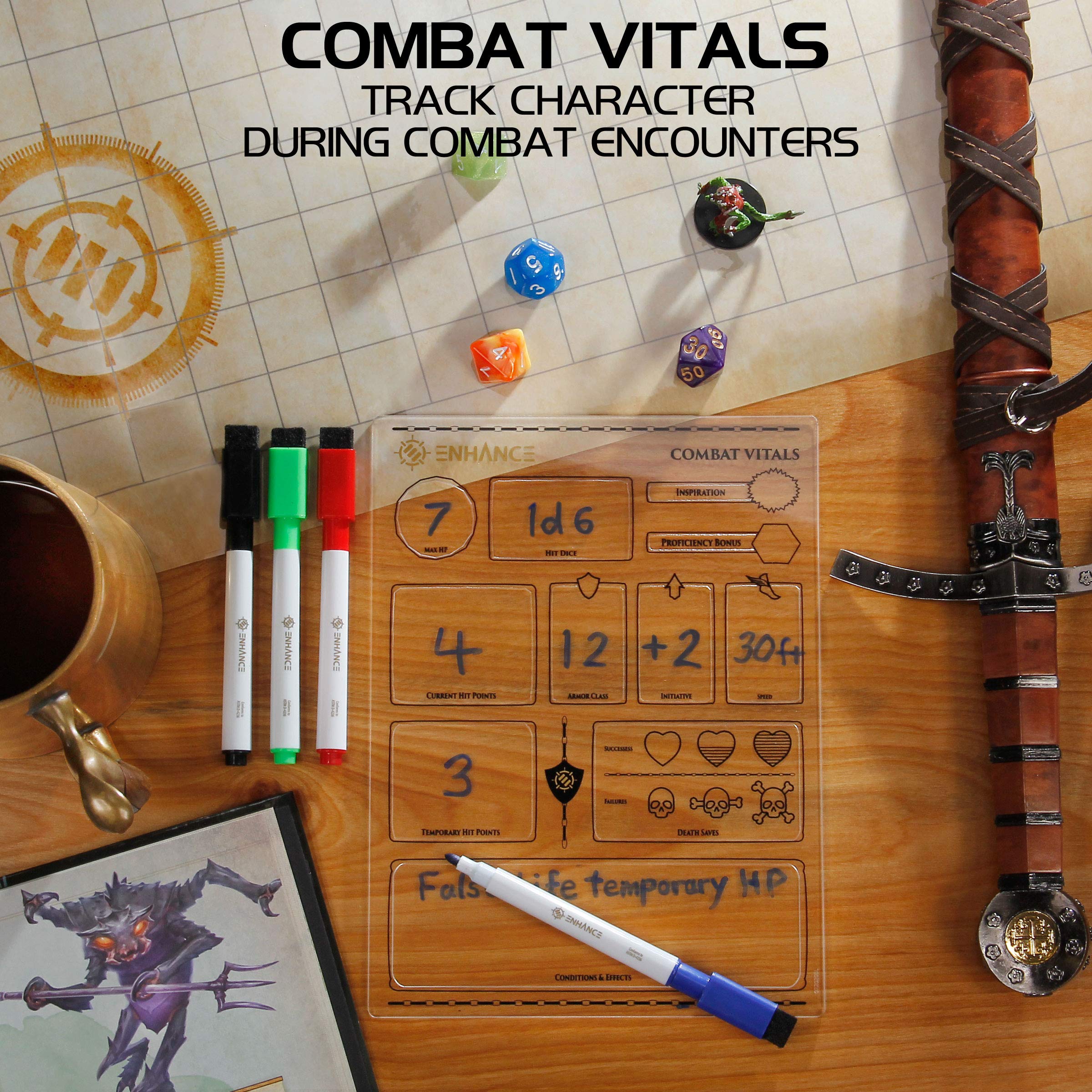 ENHANCE Tabletop Acrylic Character Sheet Set - Reusable 5e Dungeons and Dragons Character Sheets (Combat, Spell, Equipment) for All DND 5e Classes - Includes 3 Pages, Dry Erase Markers, Travel Pouch
