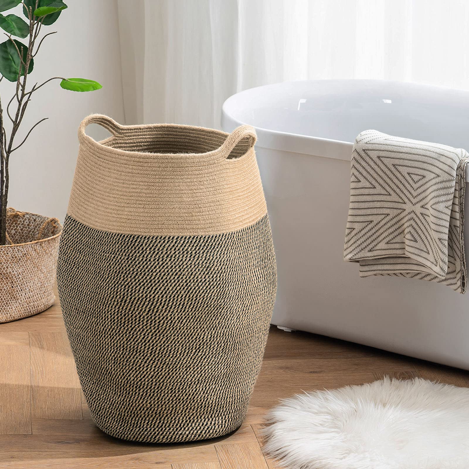 Cotton Rope Laundry Hamper by YOUDENOVA, 105L - Woven Collapsible Laundry Basket - Clothes Storage Basket for Blankets, Laundry Room Organizing, Bedroom Storage, Clothes Hamper β Dark Brown