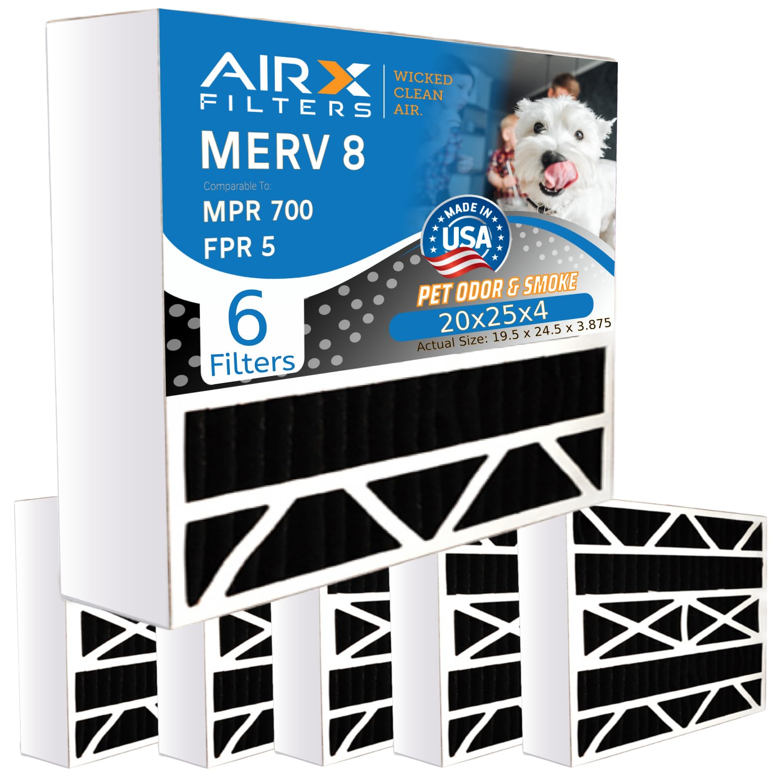 AIRX FILTERS WICKED CLEAN AIR. 20x25x4 Air Filter Odor Eliminator Carbon Filter MERV 8 AC HVAC Furnace Filters 6 Pack