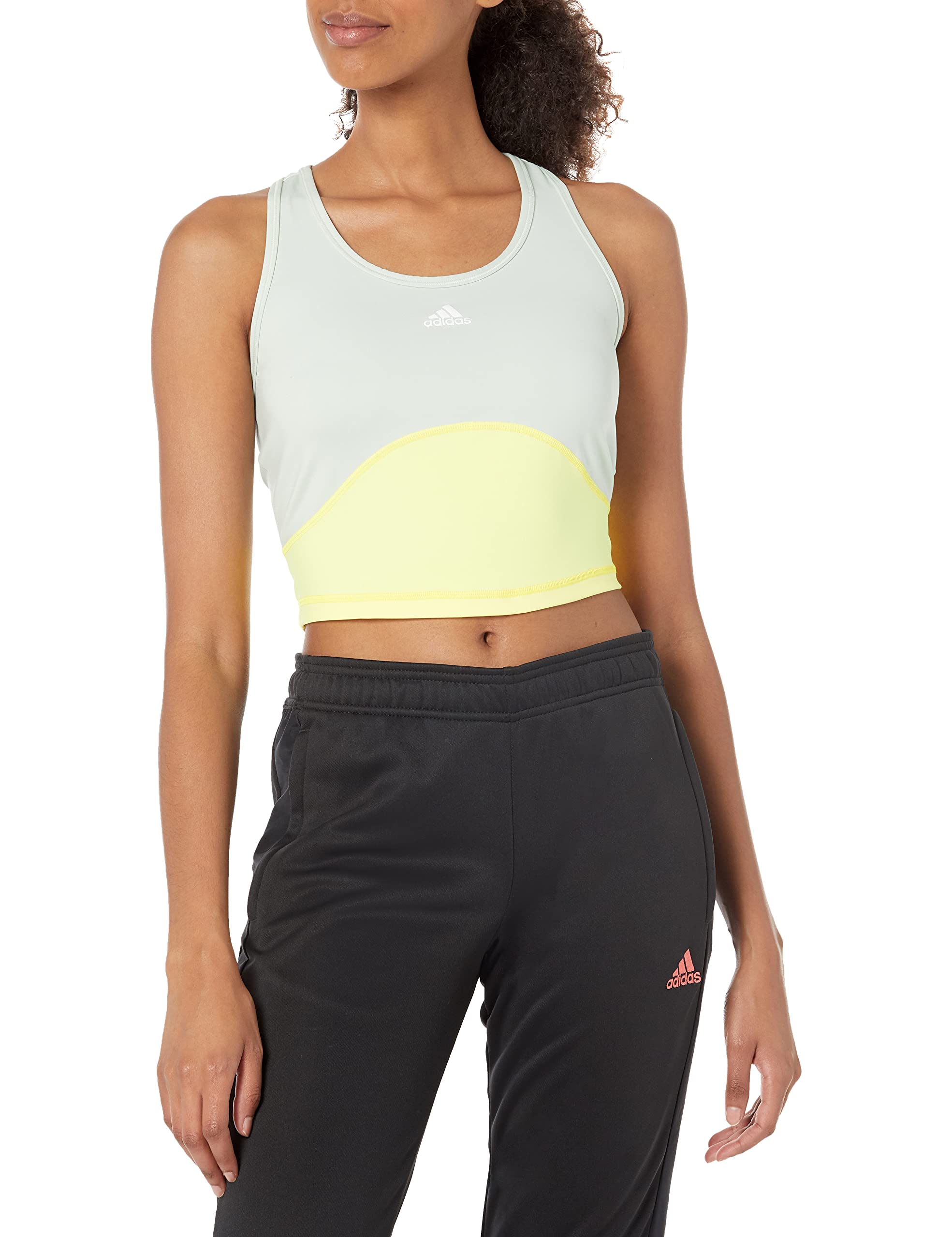 adidas Women's AEROREADY Training High Intensity Crop Tank, Linen Green/Beam Yellow, Medium