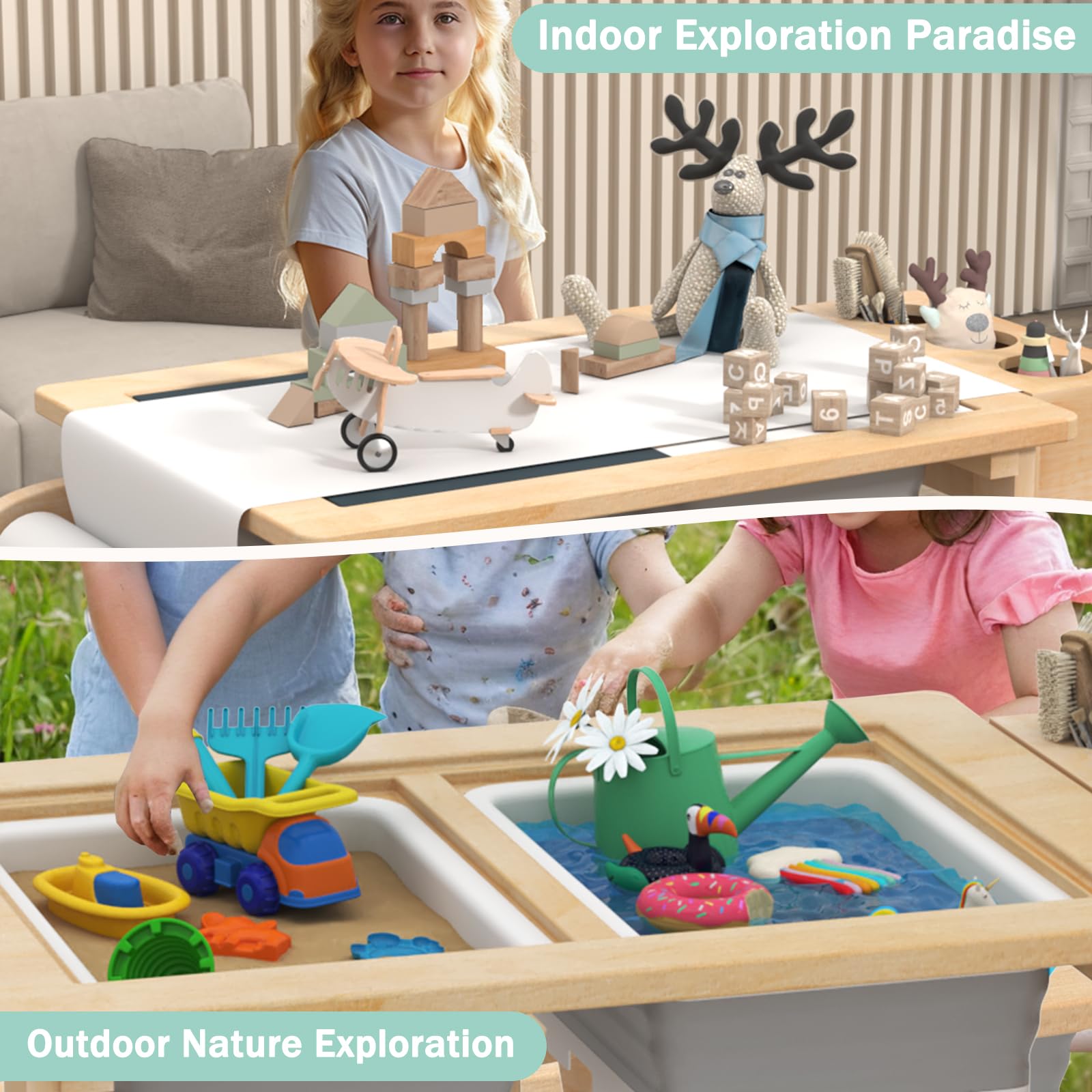 Beeneo Sensory Table for Toddlers, Kids Table with 2 Storage Bins, Multifunction Toddler Activity Table, Wooden Play Table for Kids, Sand and Water Table with Writable Lids