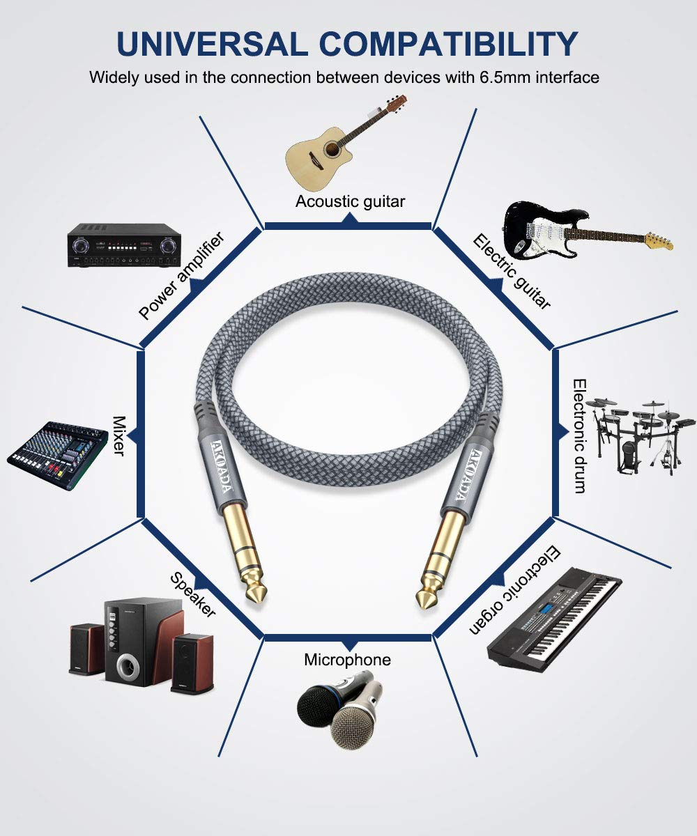 AkoaDa Instrument Cable 10FT 6.35mm(1/4) TRS to 6.35mm (1/4) TRS Balanced Stereo Audio Adapter Male to Male Nylon Braid Cable,Support, Bass,Audio Mixers,Speaker,Amplifier etc,Single(Grey)