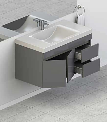 Lift Bridge Kitchen & Bath Assembled Wall-Mount Floating Bathroom Vanity with White Cultured Marble Top Sink Set, 37 in. W x 19 in. D x 29 in. H in Gray with Viteli + Siena Top