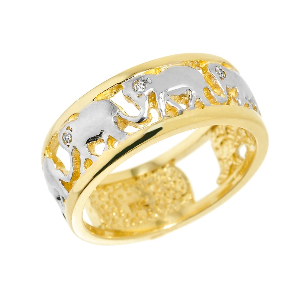 Animal Kingdom Fine 14k Two-Tone Gold Open Design Band Diamond Elephant March Ring (Size 11)