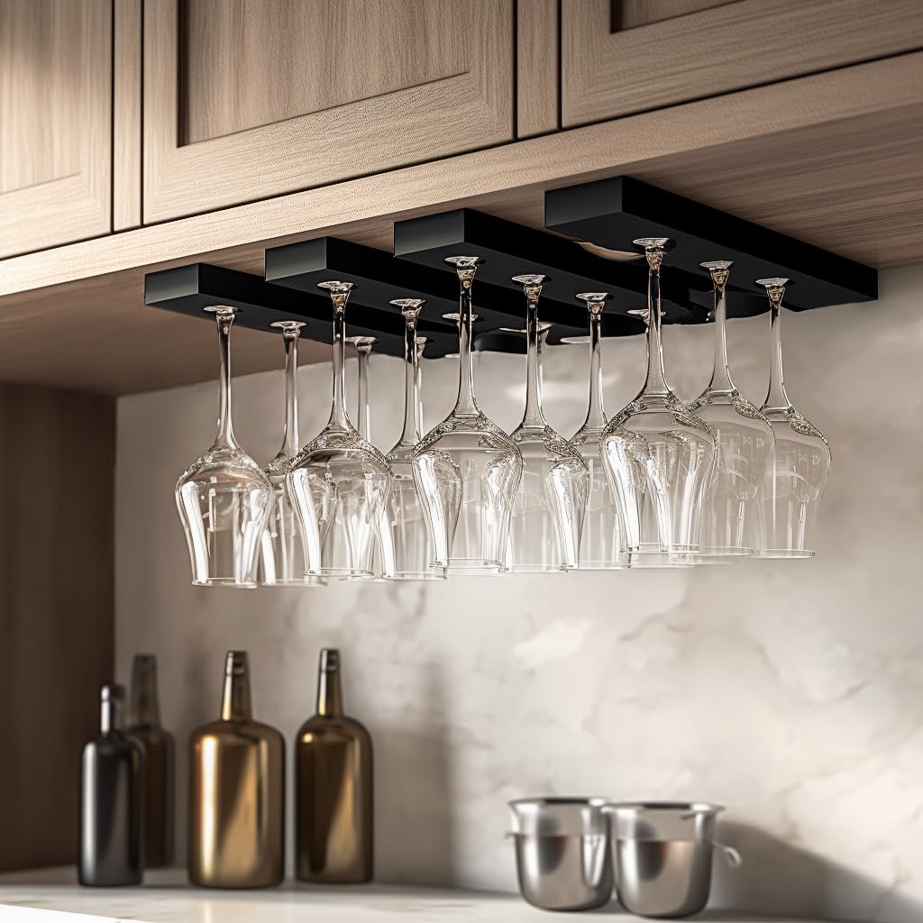 AQJUNONG Wine Glass Holder , 2 Pack Wine Glass Rack, No Drilling Wine Glass Holder Under Cabinet, Hanging Stemware Rack Organizer Hanger for Bar and Kitchen Cabinet(Classic Black)