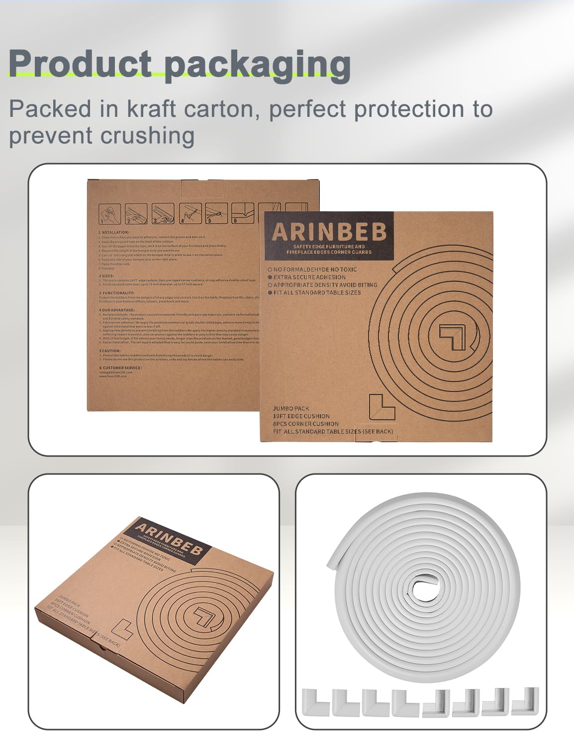 Arinbeb Foam Corner Protector Edge and Corner Guard, with 19 feet Length Foam Safety Bumpers, Baby Proofing Safety Table Corner Protectors - White
