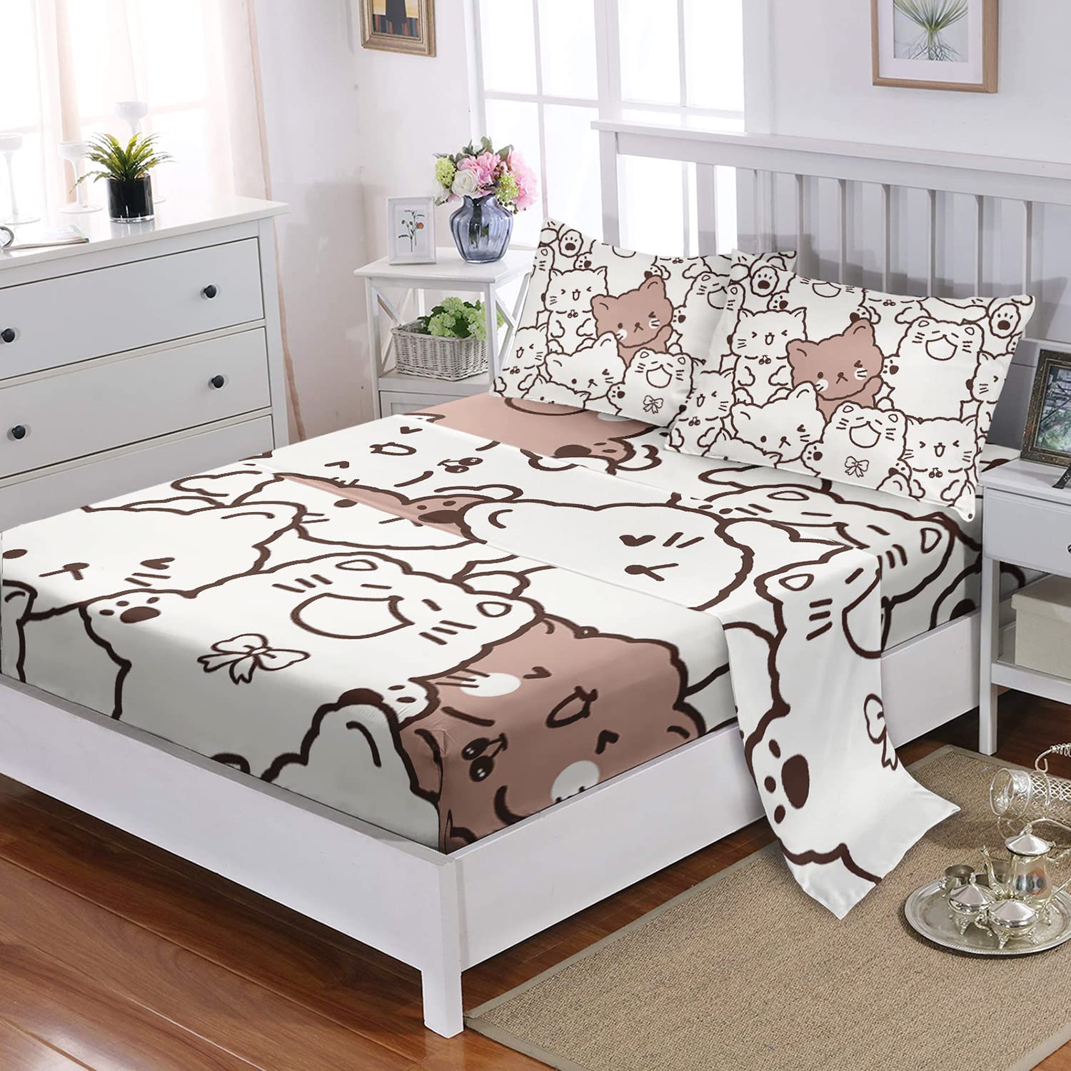 CVHouse Kawaii Cat Bed Set Sheets Full Size,Kawaii Cartoon Cat Bedding Sets for Girls Kids Teens,Cute Cat Fitted Sheet Sets,1 Flat Sheet & 1 Fitted Sheet with 2 Pillow Cases - 4 Pieces
