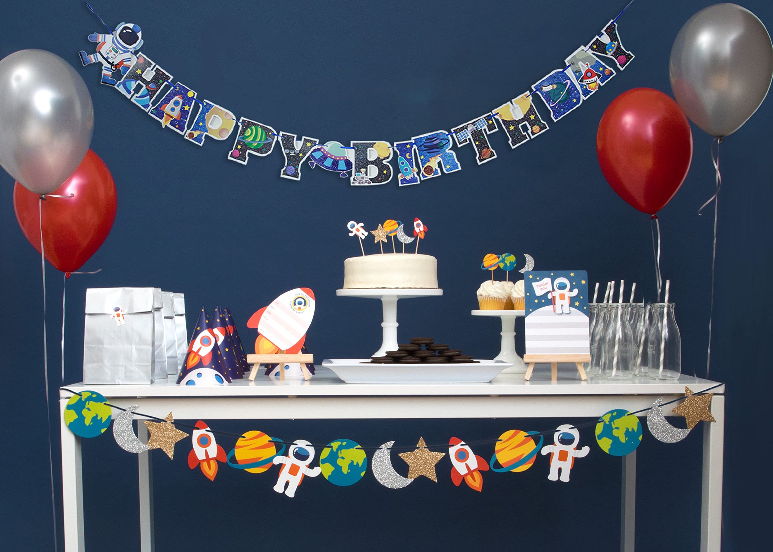 Kids Space Birthday Party banner Blue Astronaut Spaceship Theme Happy Birthday Banner Hanging Solar System Astronaut Space Theme Birthday Party Banner