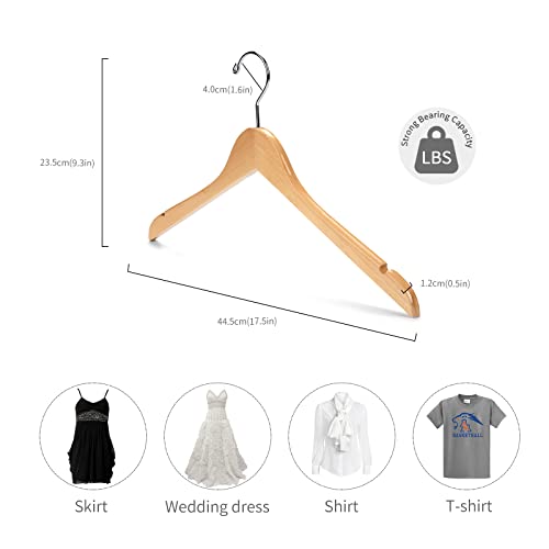 Nature Smile Solid Gugertree Wood Shirt and Dress Hangers with Notches with Anti-Rust Chrome Hook Pack of 10 (Natural)
