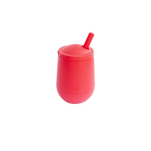 ez pz Mini Collection Set (Coral) - 100% Silicone Cup + Straw, Fork, Spoon & Mini Mat Suction Plate with Built-in Placemat for Infants + Toddlers - First Foods + Self-Feeding - 12 Months+