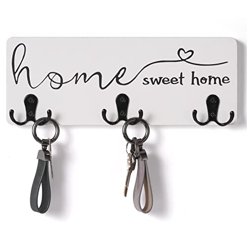 homenote Key Holder for Wall, Delicate Wall Mounted Key Rack with 3 Double Key Hooks, Home Sweet Home Decor Wooden Key Hanger for Entryway, Hallway, Kitchen, Bedroom, Bathroom, Office (White)