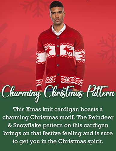 COOFANDY Mens Ugly Christmas Xmas Reindeer Snowflake Button Front Long Sleeve Shawl Collar Cardigan (Red M)