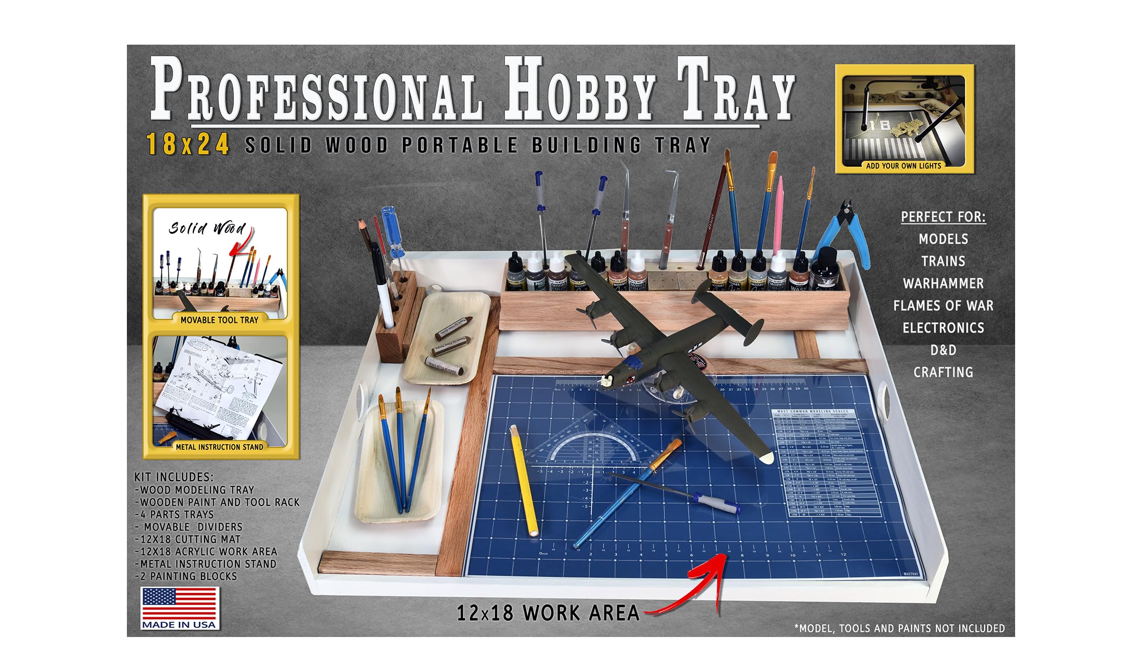 Hobby Tray, Model Building Work Area, 18x24 Modeling Work Station, Resin Printing, Crafting Tray and Portable Work Area (Natural Wood)