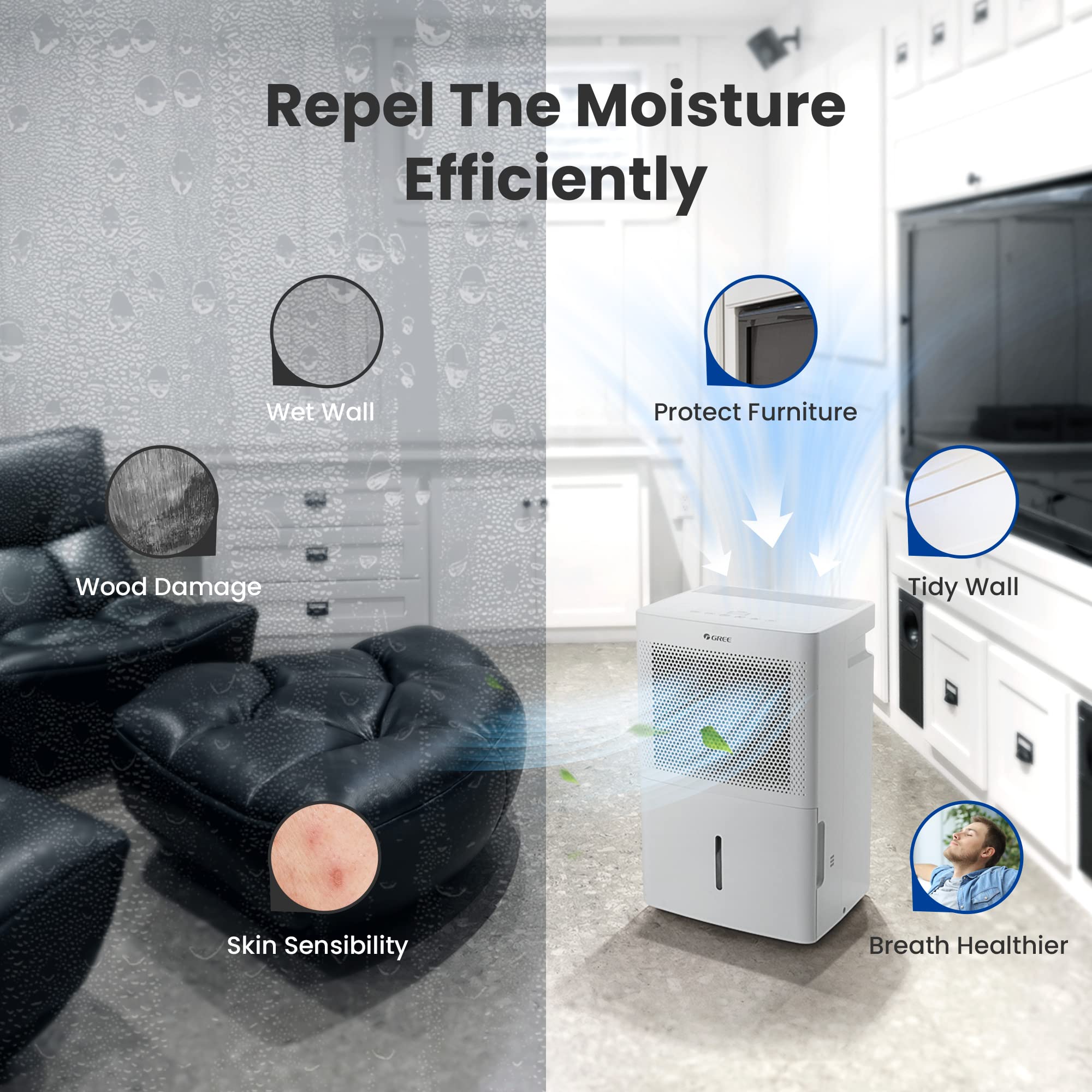 Gree Dehumidifier 50 Pint with Pump for up to 4500 Sq.ft, Energy Star Dehumidifier for Bathroom, Basement, Bedroom. Intelligent Humidity Control, LED Control panel, Quiet Design, Continuous Drainage