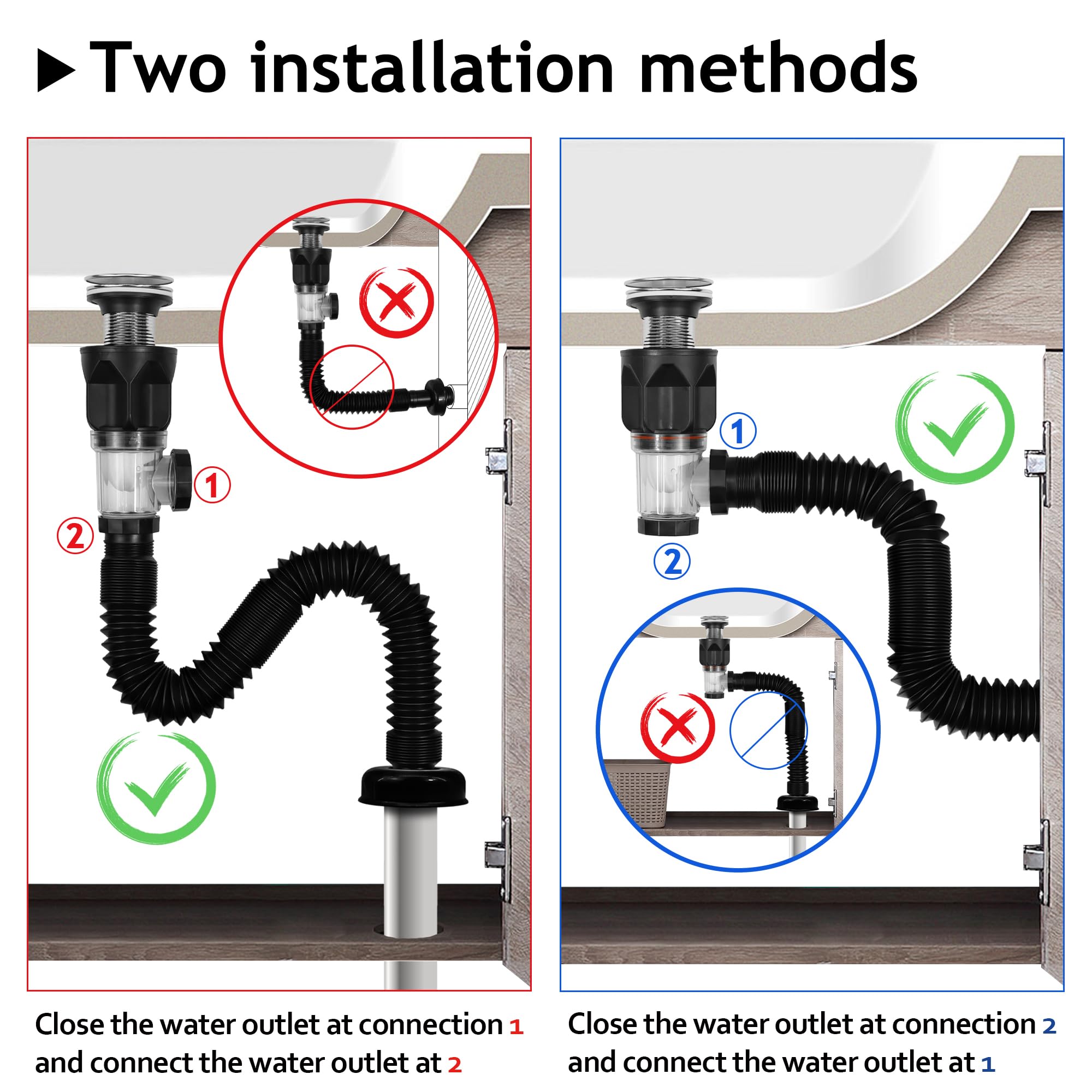 Bathroom Sink Drain Kit, with Flexible Expandable P-Trap Sink Drain Pipe, Fits 1-1/4",1-1/2" and 2'' Drain Hole, Built-in Anti-Clogging Stopper, Anti-Odor Bathroom Sink Drain