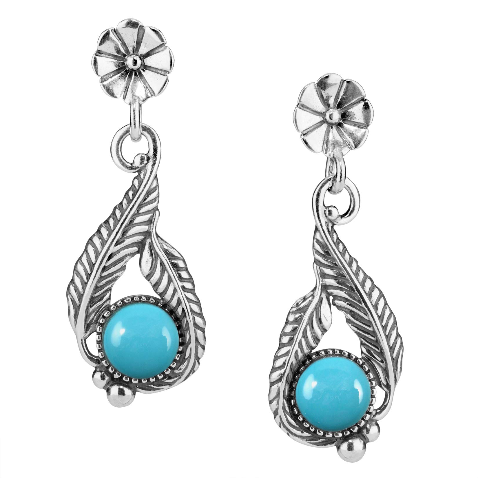American West Sterling Silver Women's Drop & Dangle Earrings Blue Turquoise Gemstone Flower Leaf Design