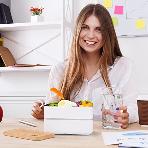 Bento Box Adult Lunch Box,All-in-1 Stackable Japanese Bento Lunch Box for Women,(47oz) Lunch Containers with Food Compartments, Accessories and Sauce Container,Leak-proof,Microwave Safe (White)