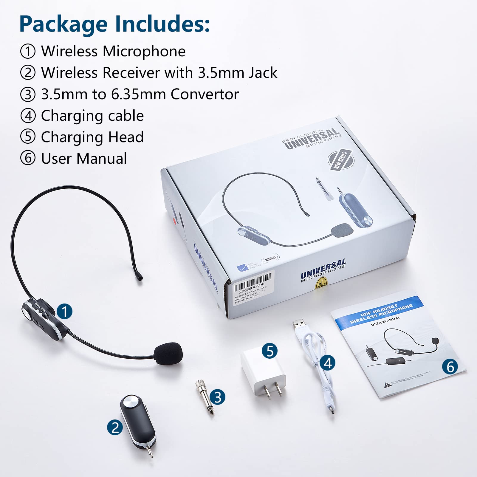 BEKBOES Wireless Microphone Headset, 165ft Range, 3.5mm and 6.35mm Plug for Karaoke Speaker, Amplifier, Mic Speakers, PA System, Teaching, Fitness