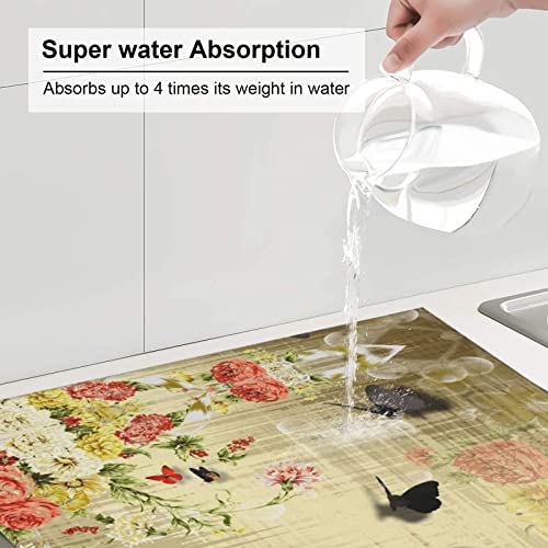 Flowers Butterfly Printed Drying Mat For Kitchen Ultra Absorbent Microfiber Dishes Drainer Mats Non-Slip Silicone Quick Dry Pad - 18 X 16inch