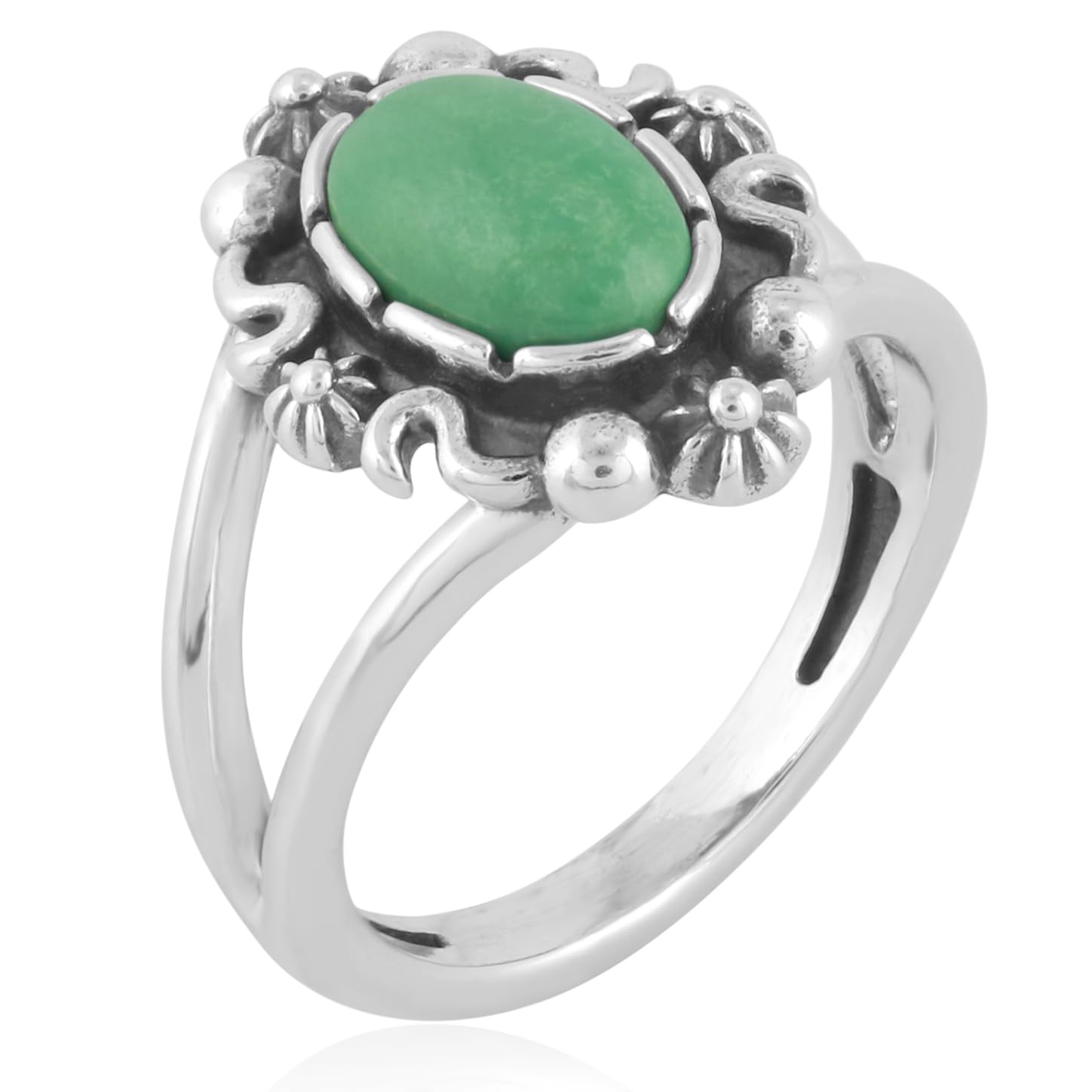 American West Sterling Silver Women's Statement Ring Green Turquoise Gemstone Flower Swirl Oval Design Size 8