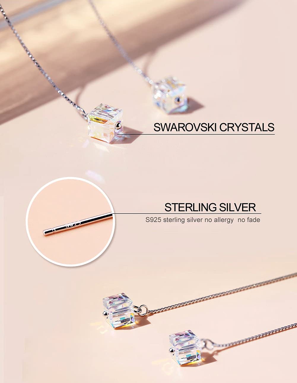 AllenCOCO 925 Sterling Silver SWAROVSKI Crystals Long Tassel Threader Dangle Drop Earrings Women Wife Cube Hypoallergenic Dangle Earrings