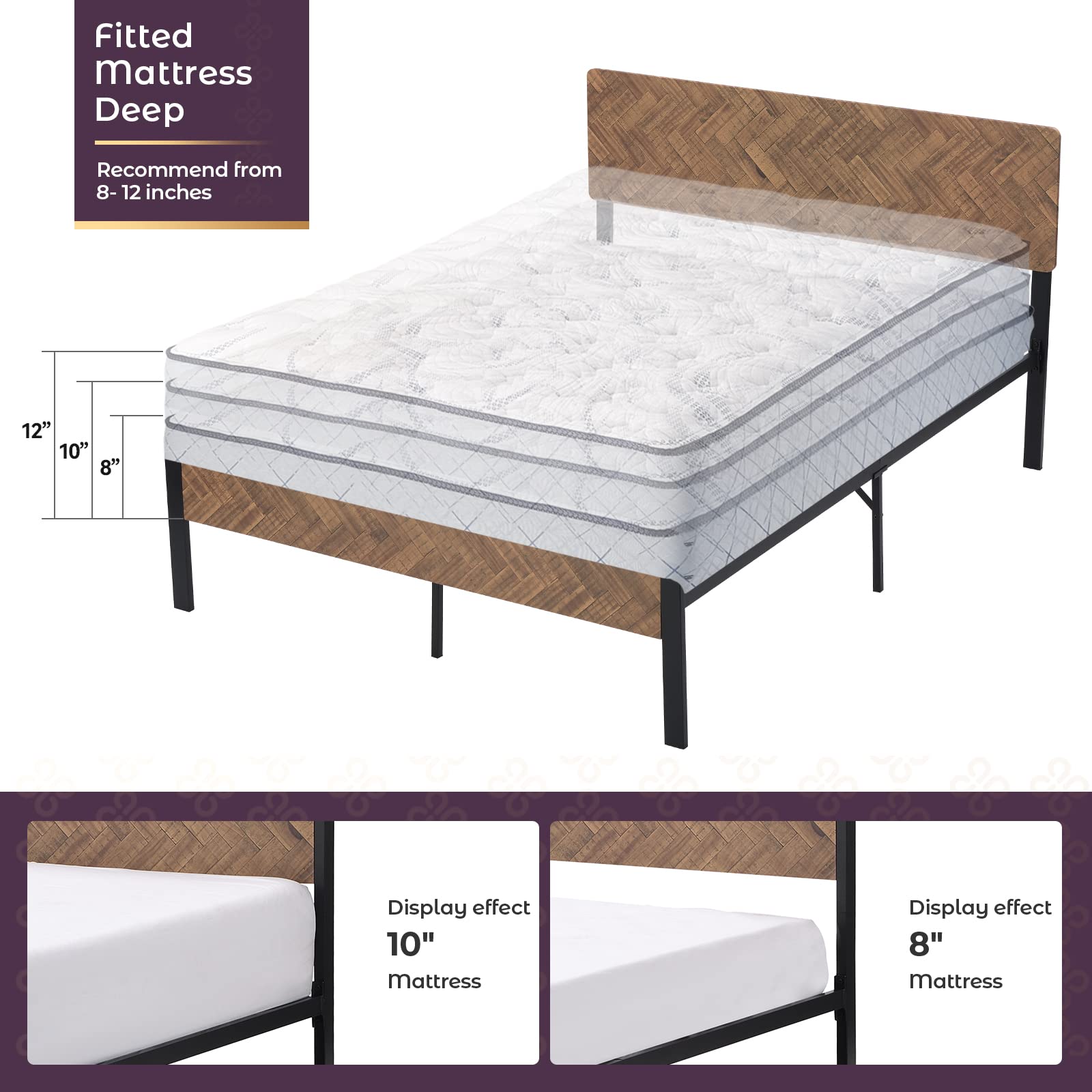 ANITA Twin Size Bed Frame with Wood Headboard, High Profile Platform Bed Frame 12.4 inch Storage Underneath/Metal Slat Support/Rustic Boho Style