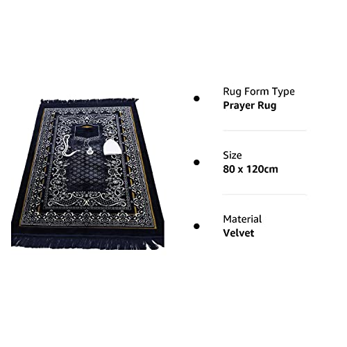 Modefa Free Prayer Cap, Beads & Car Hanger, Islamic Prayer Rug Janamaz - Plush Velvet Wide (Navy Blue)