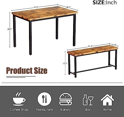 Hooseng Kitchen Table Set with Two Benches, Dining Table Set for 4-6 Persons, Space-Saving 47 Inch Small Kitchen Table Set for Breakfast Nook, Living Room, Apartment, Restaurant, Rustic Brown