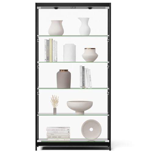 Displays2go Black LED Trophy Showcase, Locking, LED Lighting, Tempered Glass, Laminated MDF & Aluminum β Black (LESC10478B)